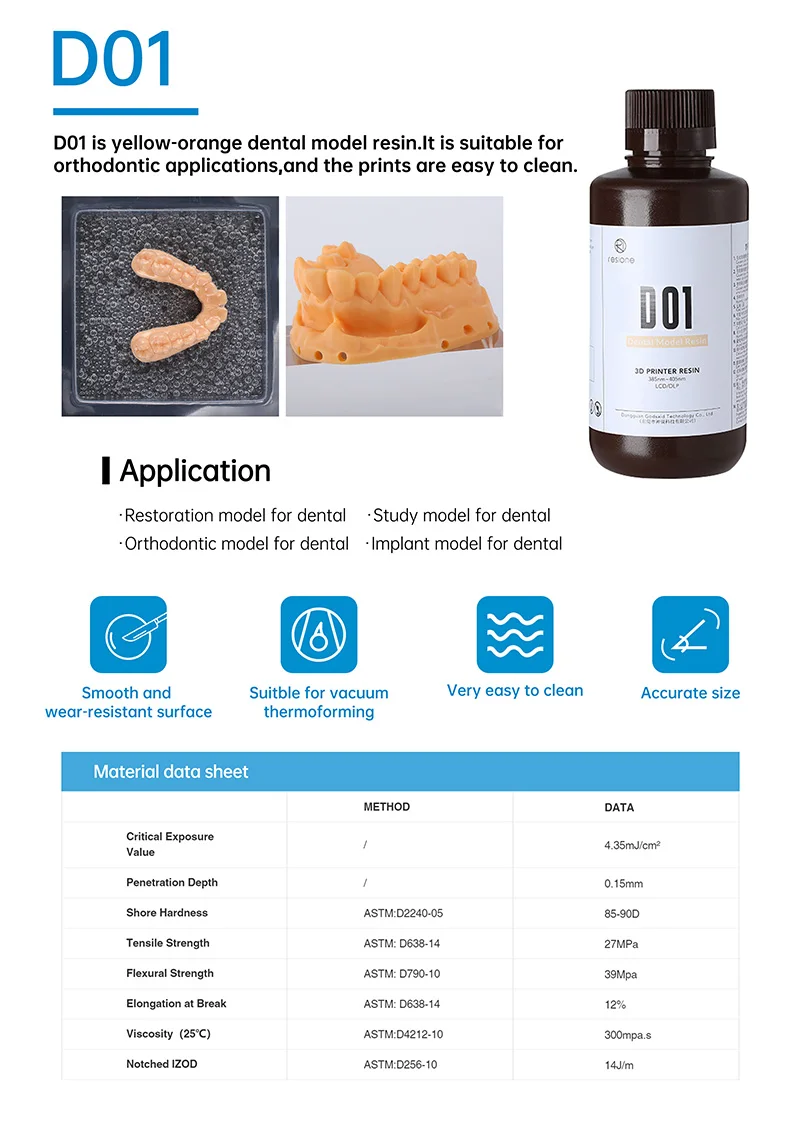 D01 Dental Model Resin - 1kg Yellow-Orange 3D Printing Material