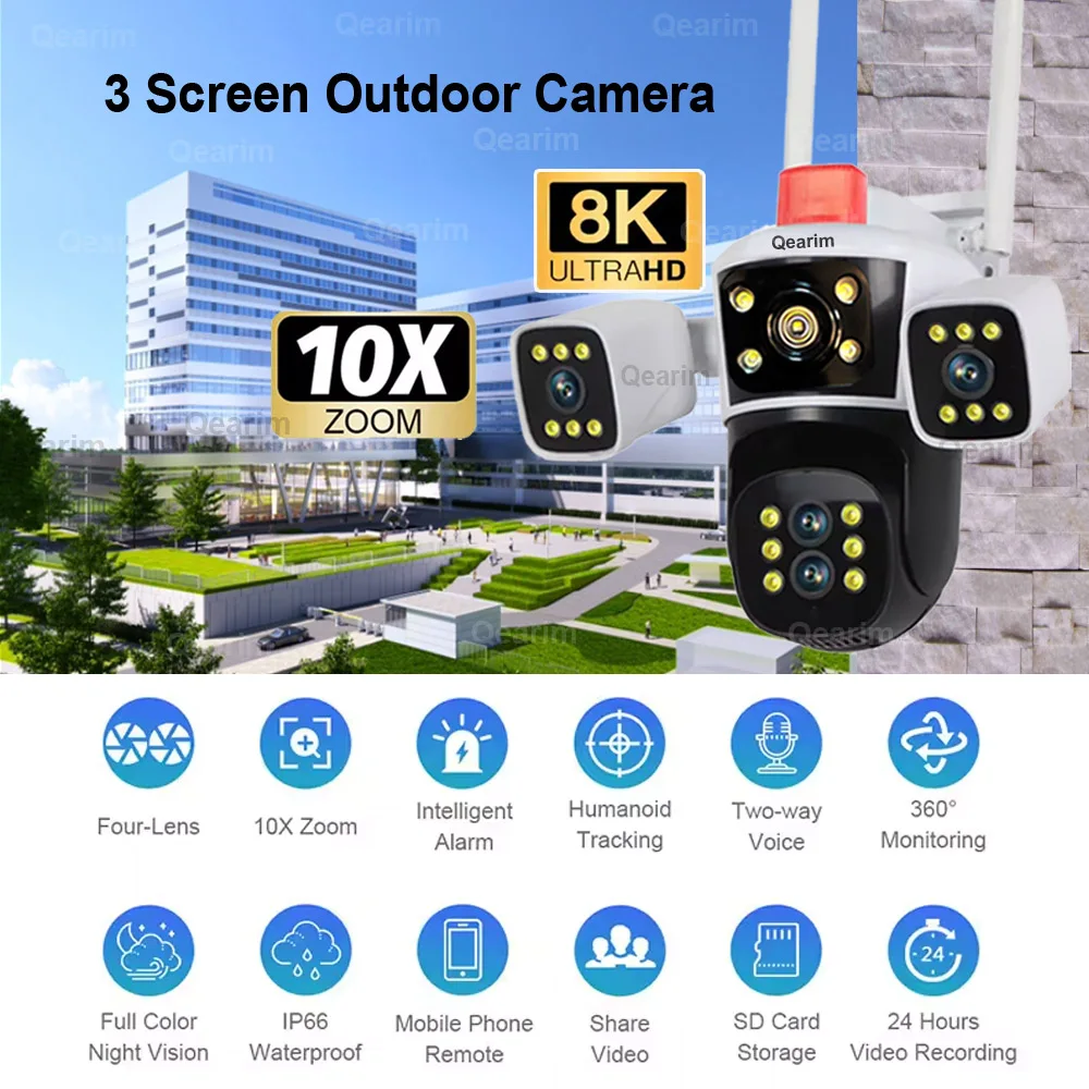 Qearim 8K Outdoor CCTV - Four-Lens 10X Zoom Security Camera