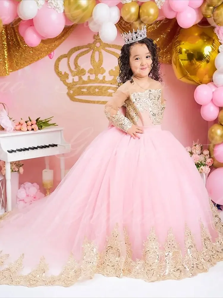 Cute Beauty Pageant Toddlers Full Sleeves Flower Girl Dresses Gold ...