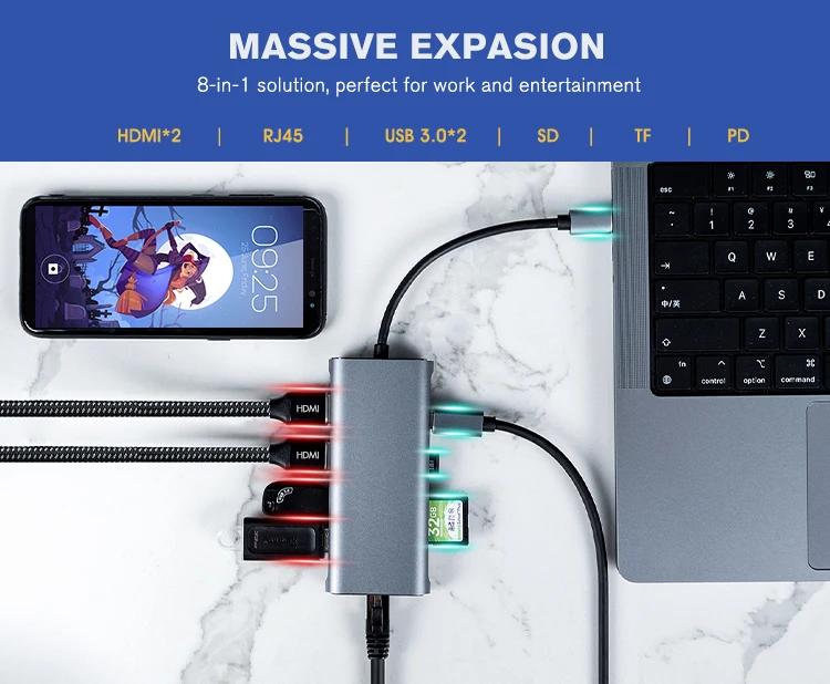 Multifunction 8 In 1 Multiport Usb C Usb-c Hub Adapter Type C To Usb 3. ...