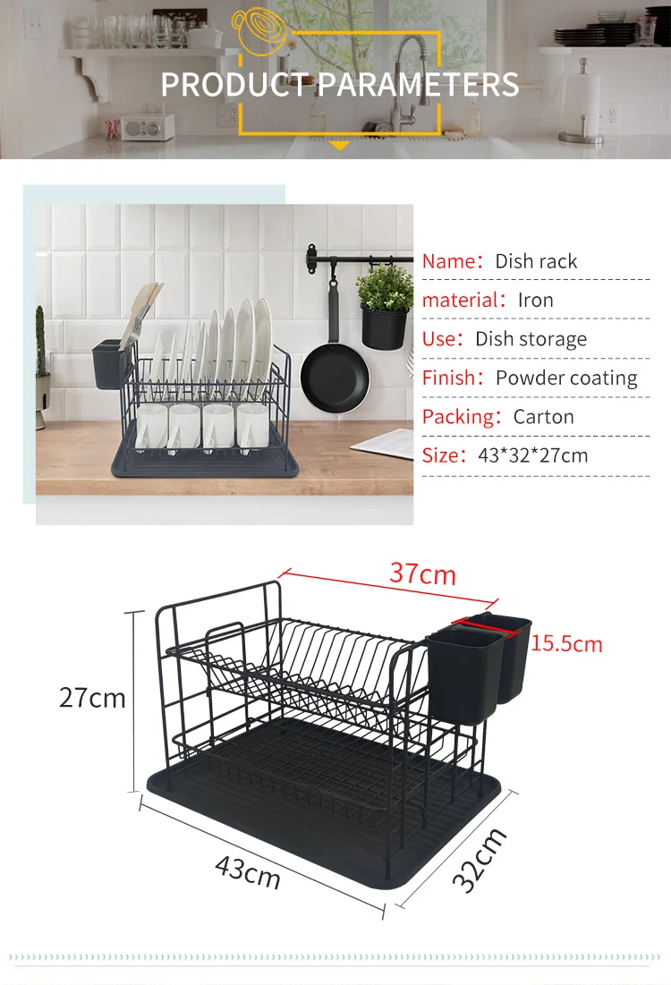 Kitchen 2 Tier Dish Drainer Rack Hanging Metal Black Storage Plate Dish ...