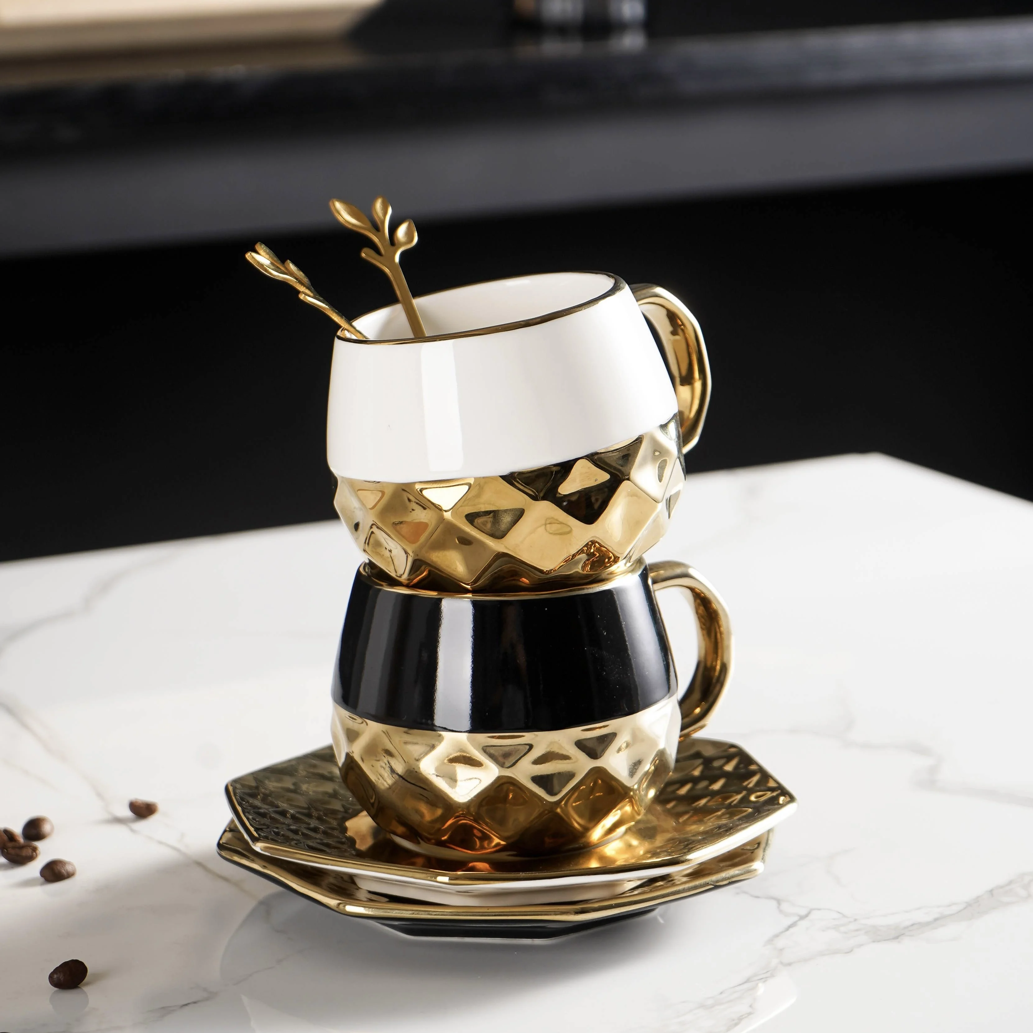 Custom Nordic Milk Coffee Mug Ceramic Rhombus Gold Saucer With Spoon ...