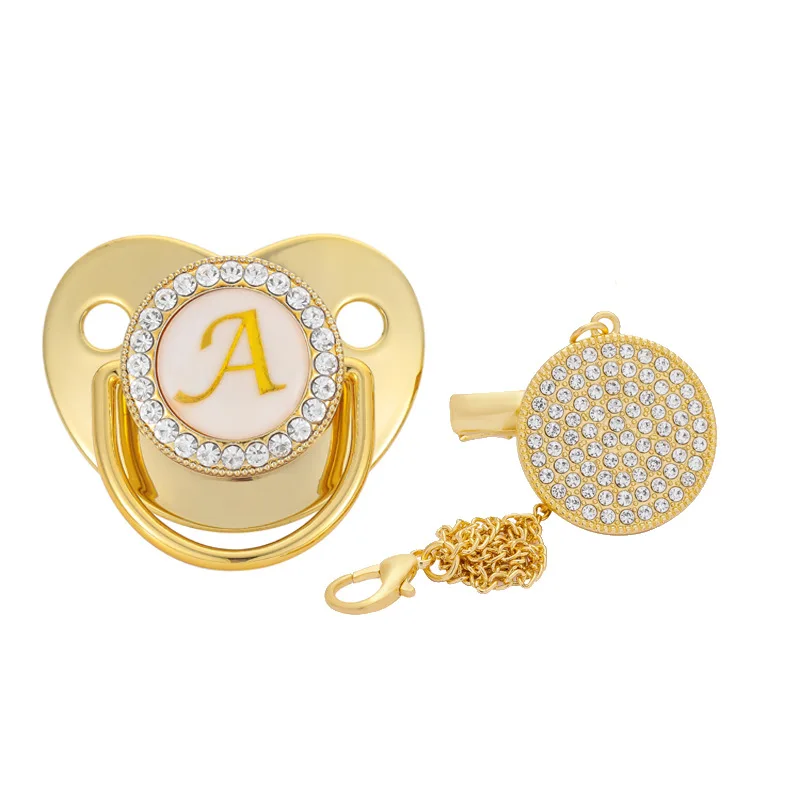 26 Letter Diamond Bling Gold Baby Pacifier And Clip Silicone Infant ...