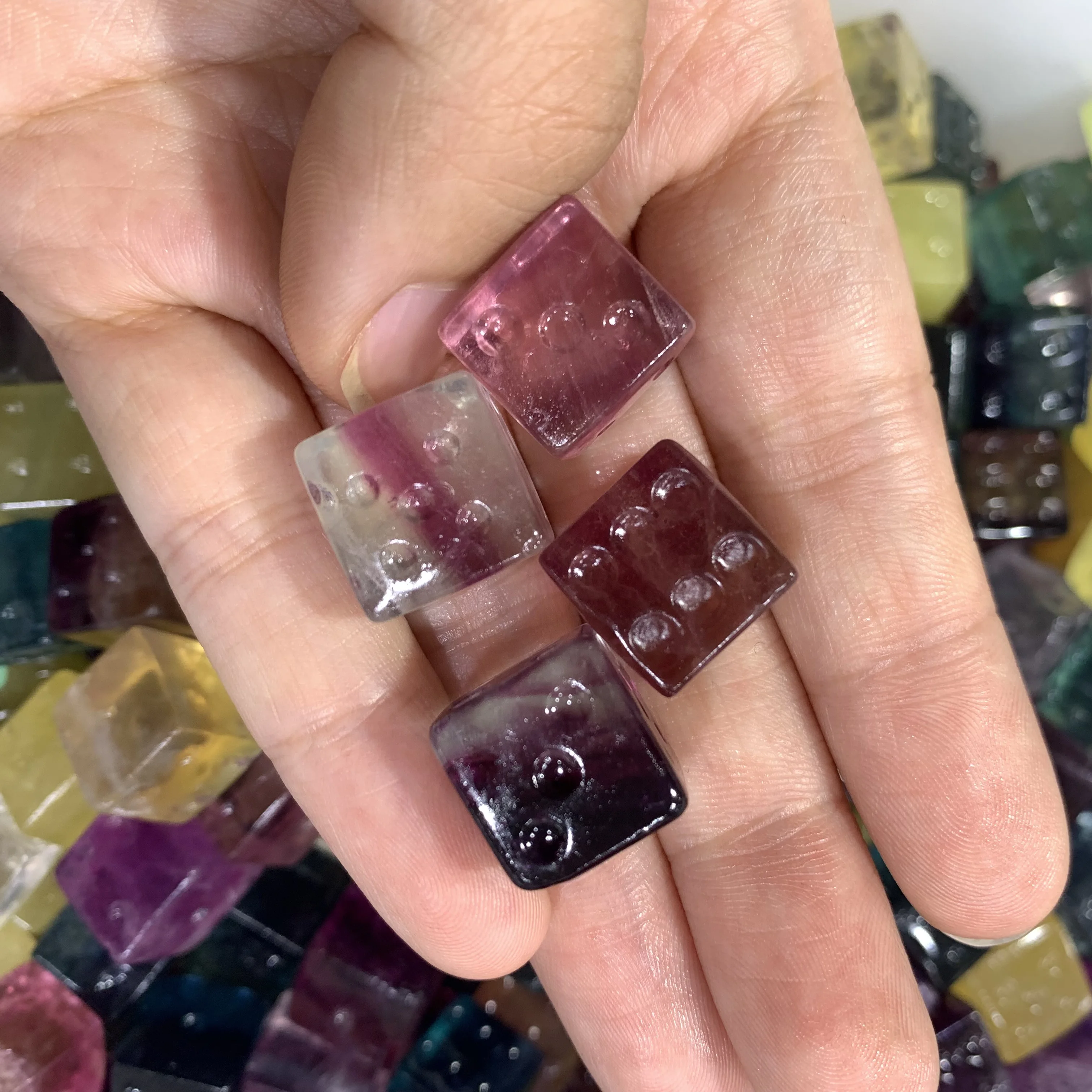 Hand Carved Gemstone Crystal Crafts - Healing Rainbow Fluorite Cube Dice