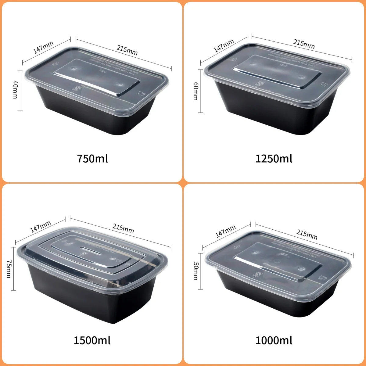 1500ml Microwaveable Plastic Rectangular Takeaway Transparent American Style Disposable Food ...