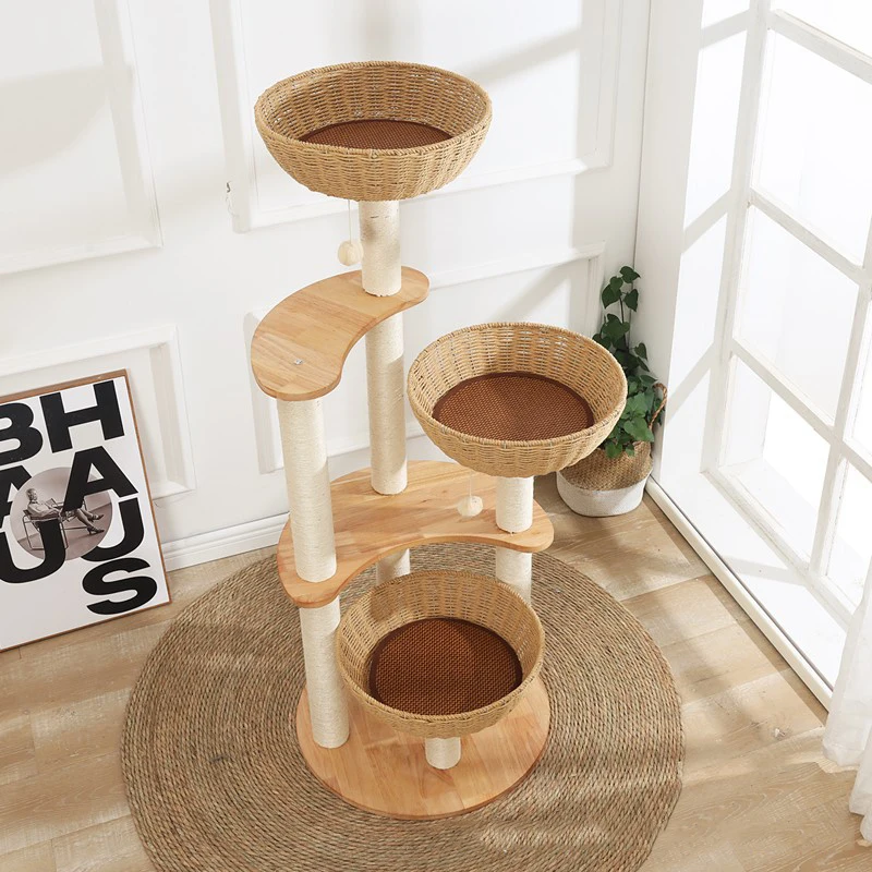 Luxury Modern Furniture Big Cat Tree Tower Rattan Woven Wood Sisal Pet ...
