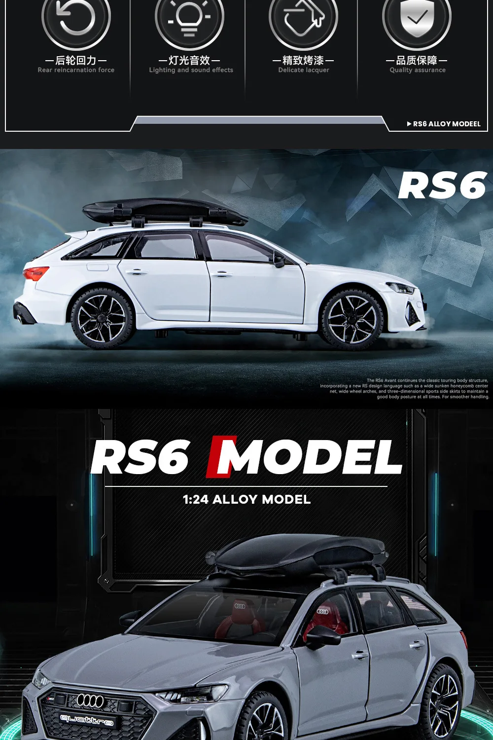 Diecast Model Car - 1:24 RS6 Alloy Toy with Sound & Light