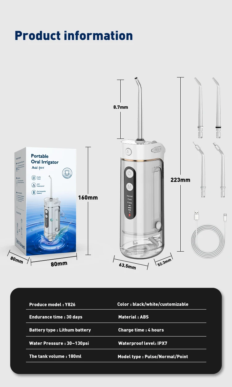 Water Irrigator Portable 3 Modes 180ml Rechargeable Ipx7 Oral Care ...