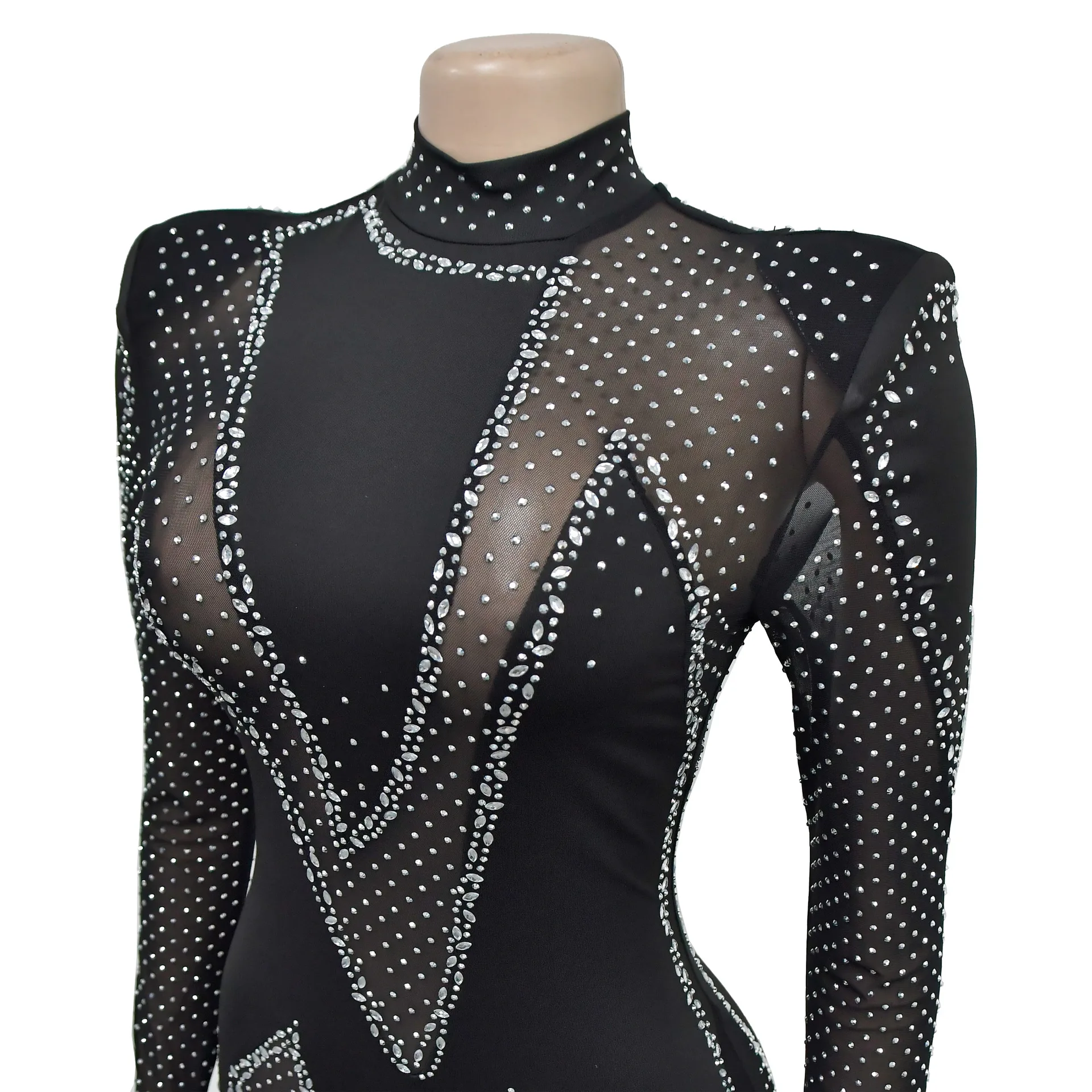 Sparkly Rhinestone Sheer Mesh Party Jumpsuit Women Long Sleeve Half ...