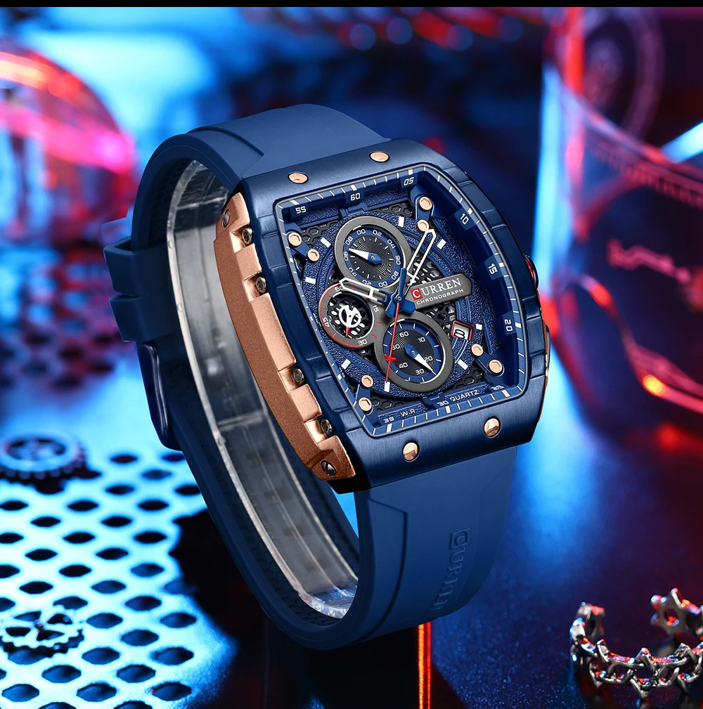 New CURREN 8442 Sports Watch - Square Design Analog Chronograph with ...