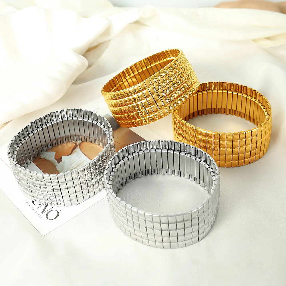 Custom Elastic Metal Stainless Steel Exaggerated Wide Flexible18K Gold Stretch Bracelet Textured Waterproof Bracelet Wristbands Alibaba