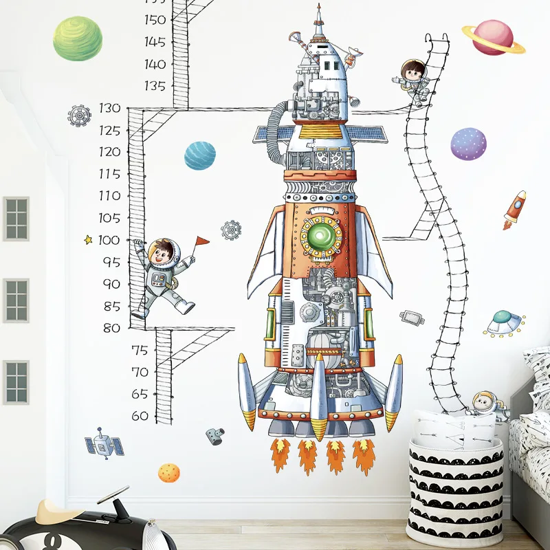 Cartoon Space Rocket Height Measure Wall Stickers For Kids Room Nursery ...