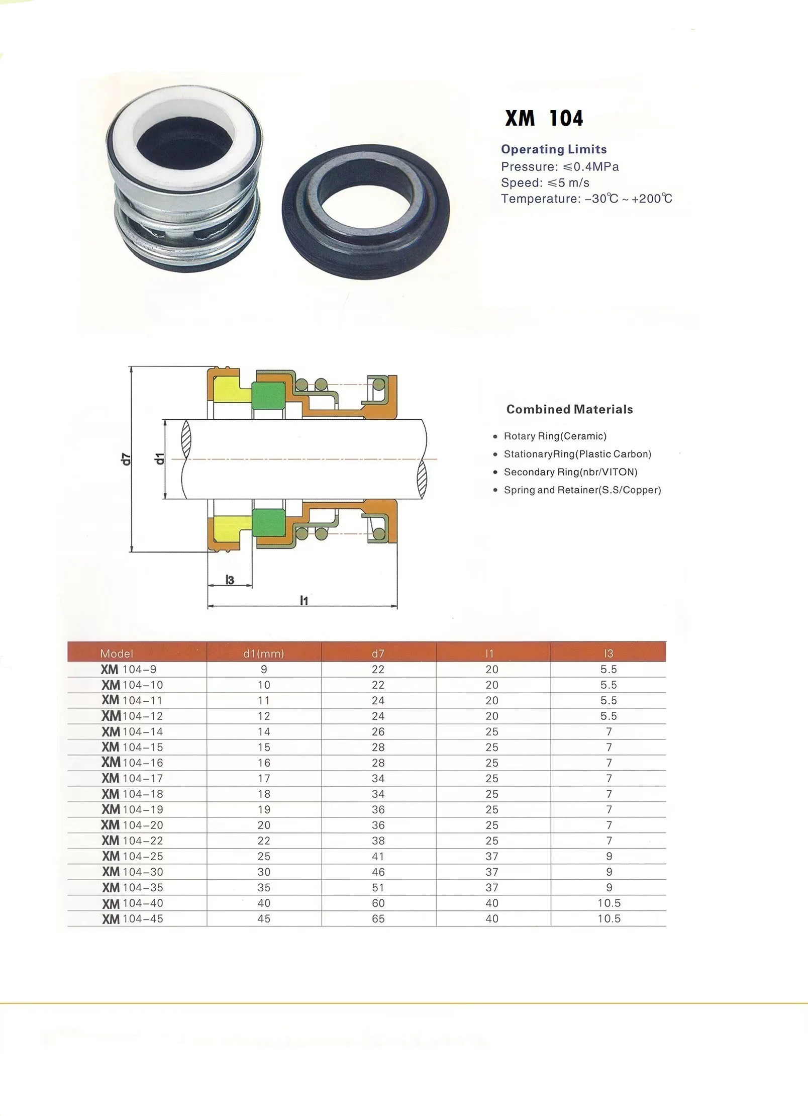 104 Sic/ce/nbr/sus304 Oem Factory High Quality Material Sewage Pump Cooling Pump Mechanical Seal ...