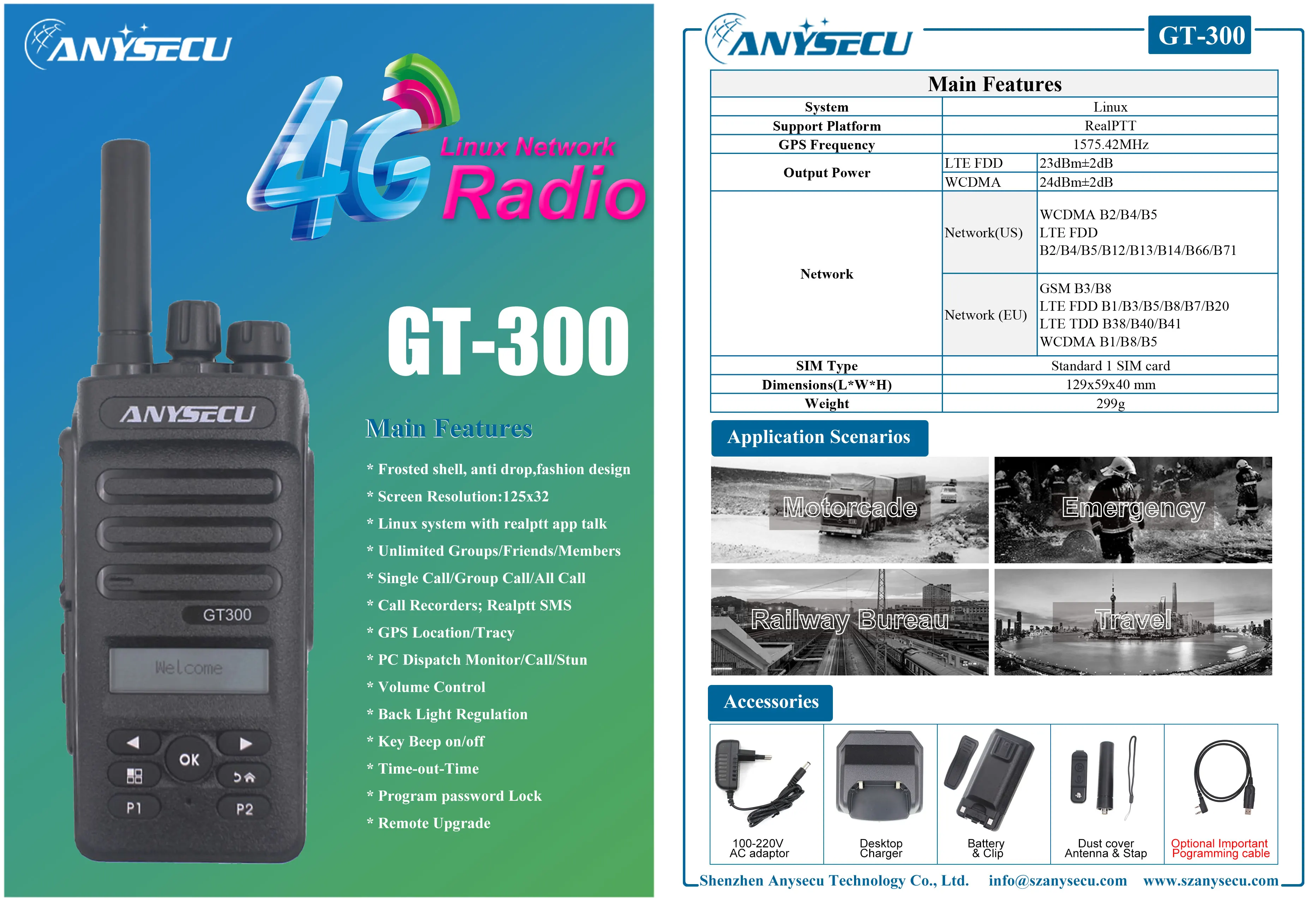 ANYSECU GT300 4G Linux System - Pubic Radio with Realptt App