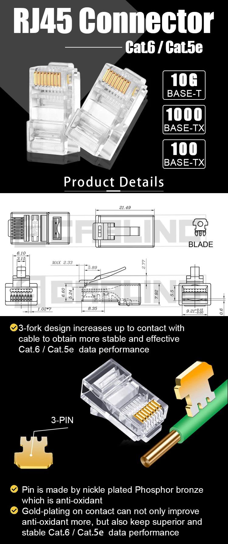 Ethernet Rj45 Connector Cat5e Cat6 Pass Through 8p8c Modular Plug Utp ...