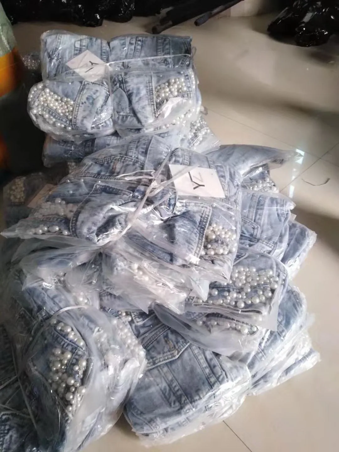 Custom Pearl Design Coat Turn Down Collar Denim Jacket Women Three ...