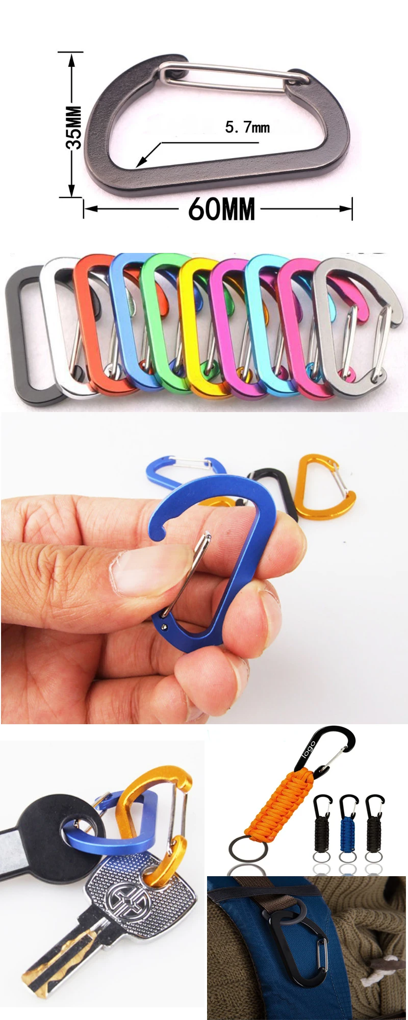 6cm Small Mini D Shape Carabiner Flat Aluminum Carabiner Clip Keychain ...