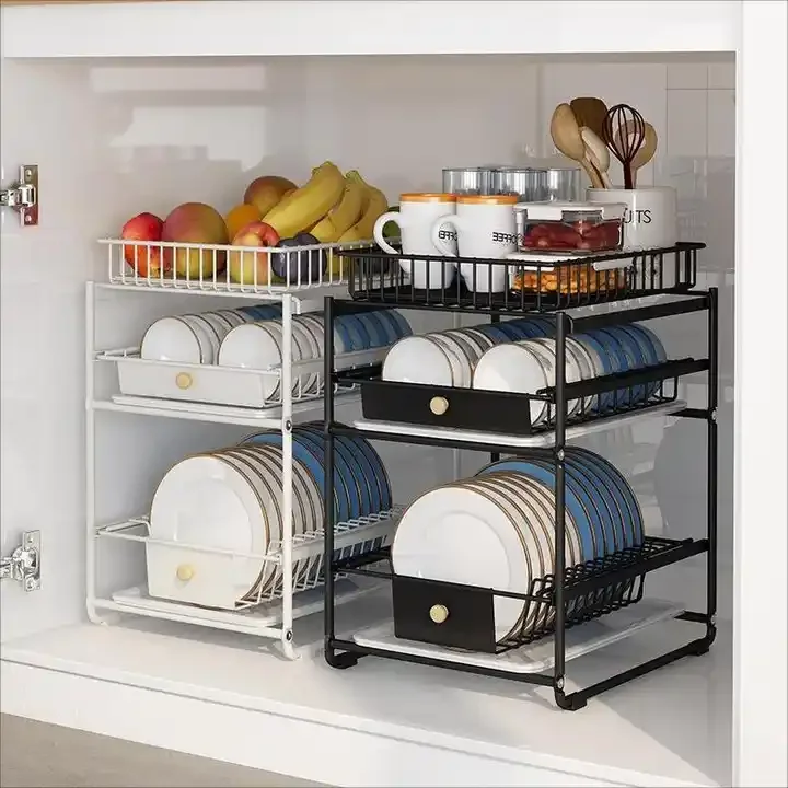 Double-layer Kitchen Storage Rack With Metal Drawer Seasoning And Tool ...