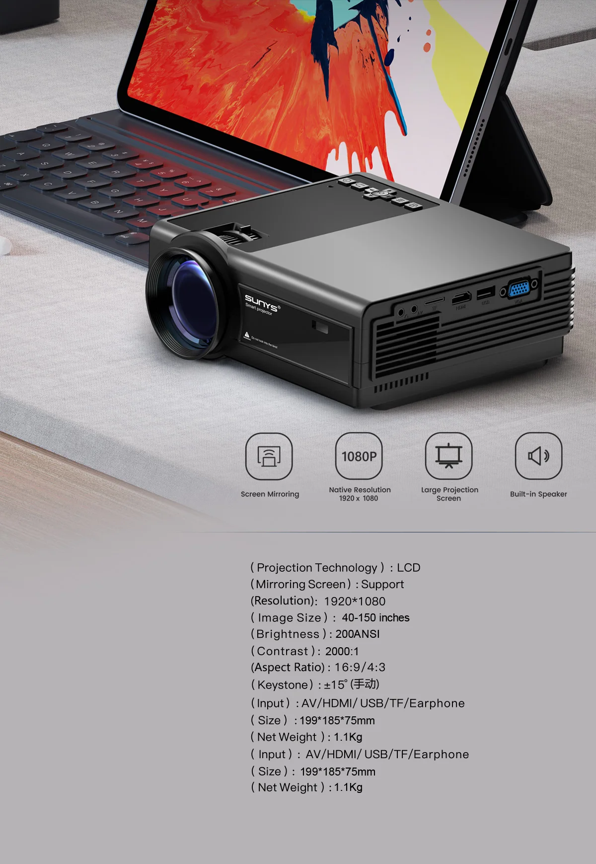 SUNYS L36P Mini 4K Projector - Smart, Portable, and Versatile