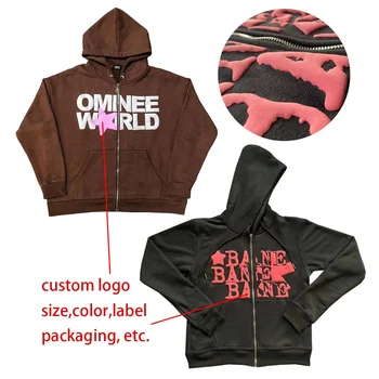 Custom 3d Puff Print Rhinestone Embroidery Zipper Hoodie Men Full Face ...