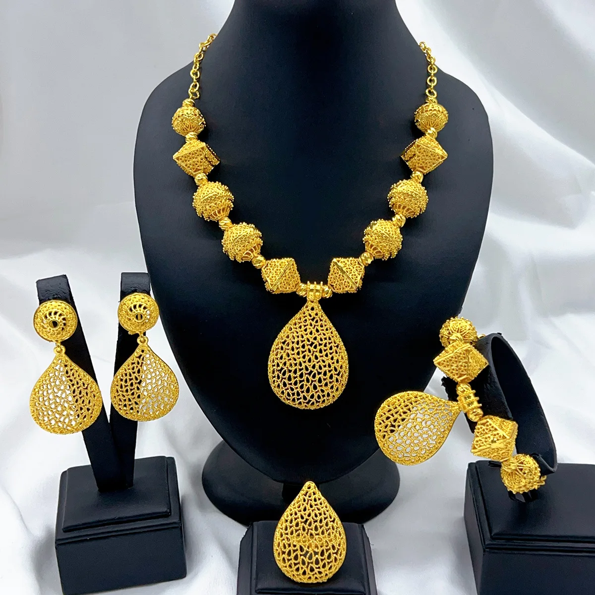 Dubai Indian African Bead Necklace Earrings Jewelry Set for Women 24K ...