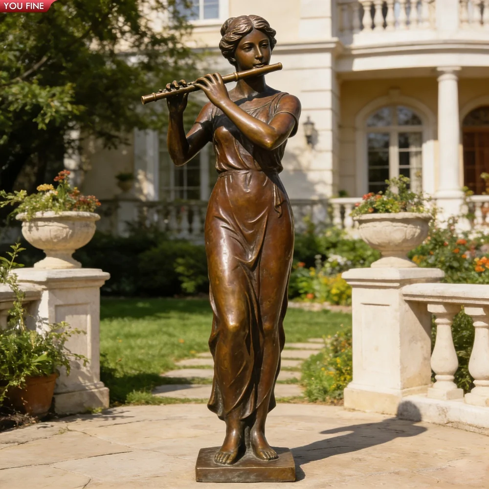 YOUFINE Custom Life Size Bronze Flute Player Statue Flutist Sculpture ...