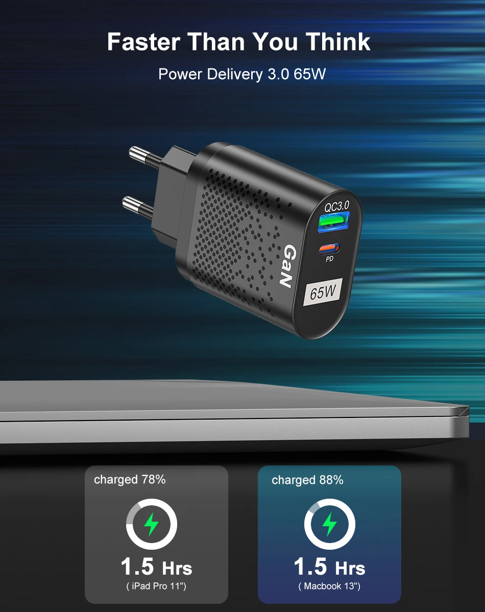 Usb Pd 65w Gan Wall Charger For Macbook Qc 3.0 Pd3.0 Type C Usb Fast ...