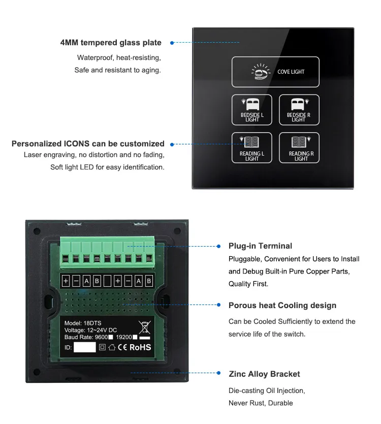 Smart Touch Wall Switch - RS485 Protocol for Hotel Control