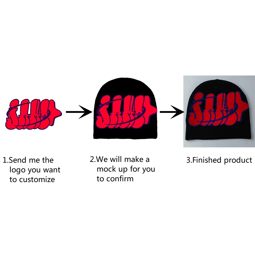 Low MOQ Custom Graphic Beanies All Printed No Cuff Fold Jacquard Logo ...