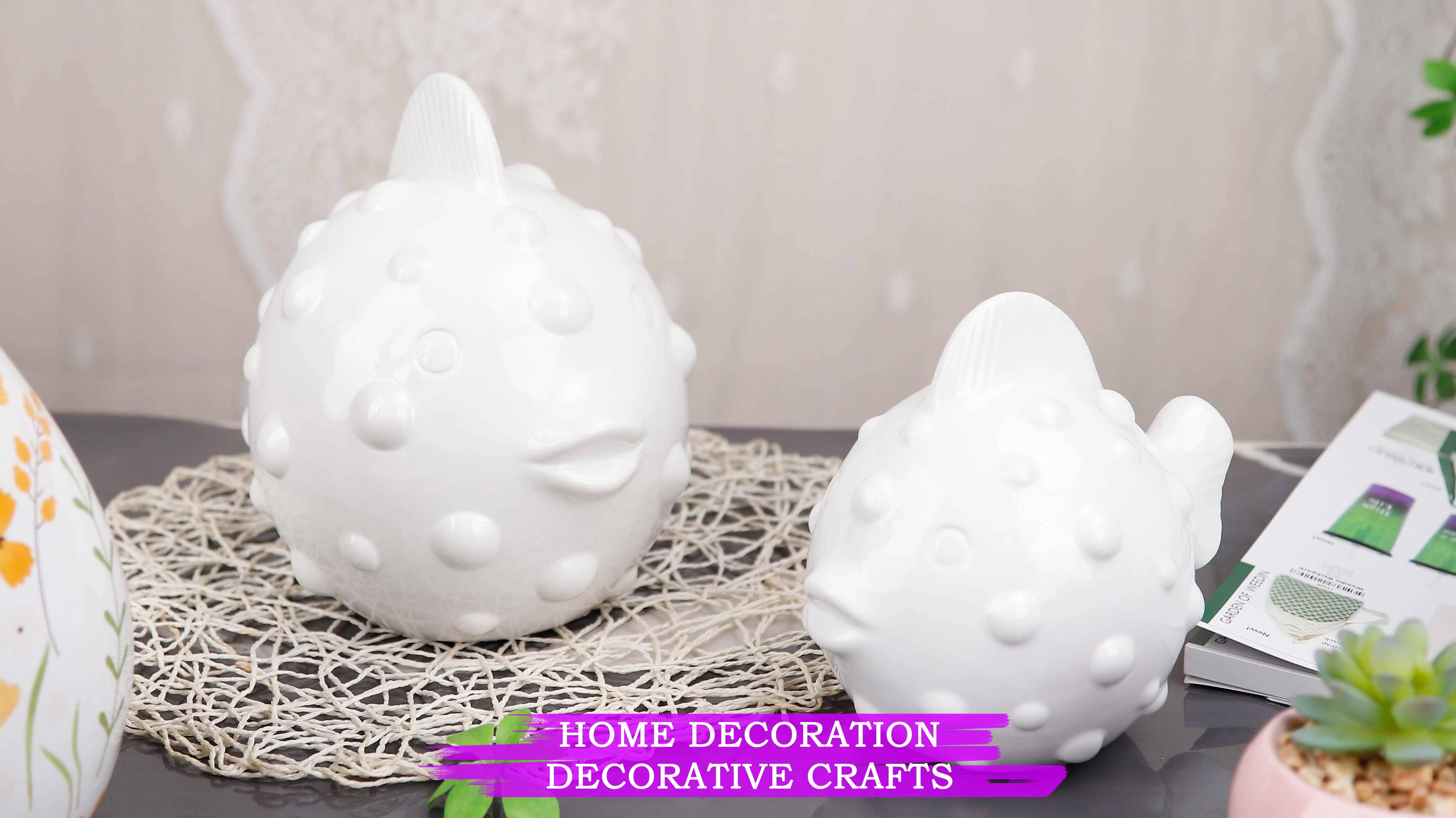 Redeco Cute White Puffer Fish Sculpture Ornaments Glazed Ceramic Animal ...