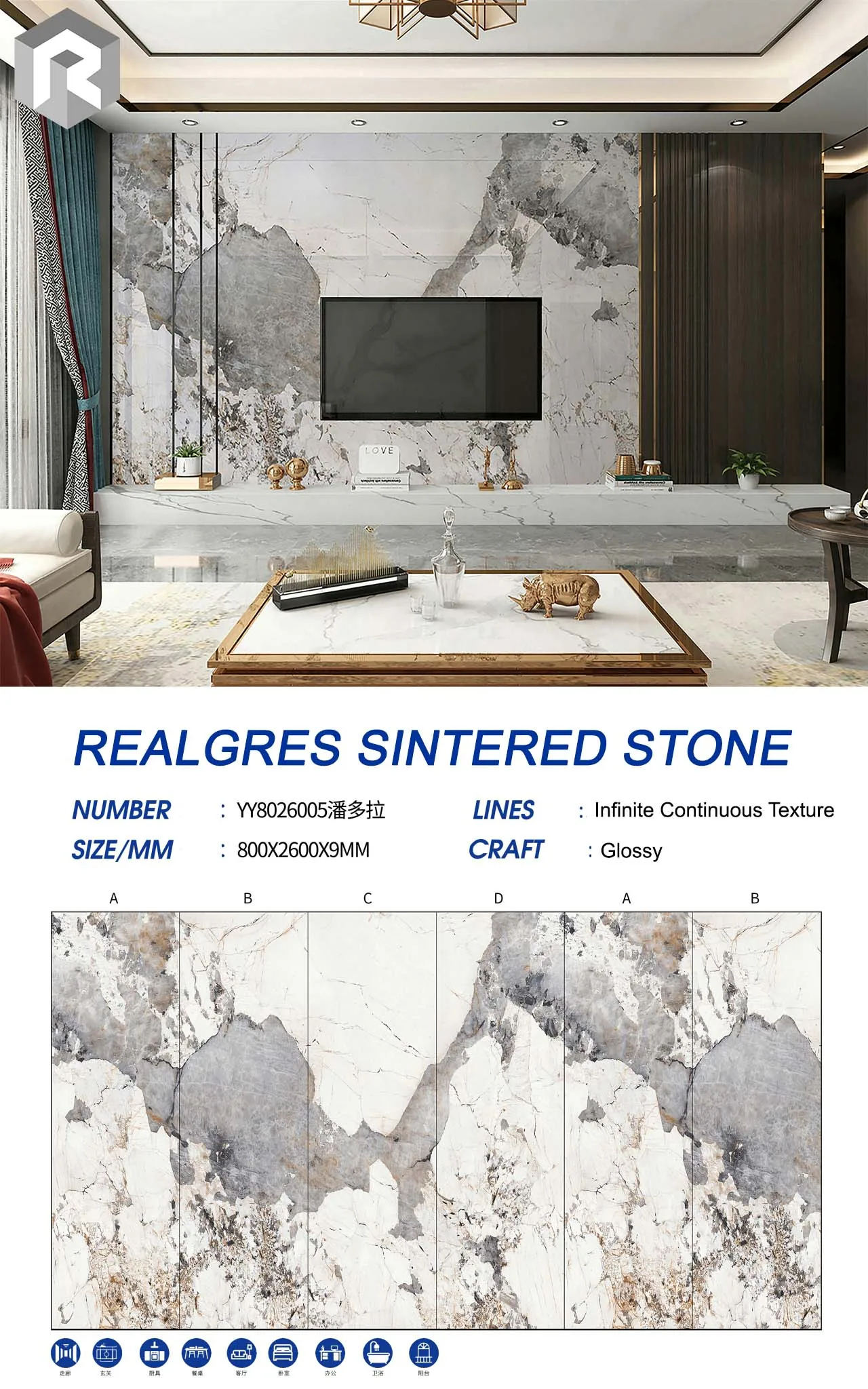 Realgres White Round Dining Table 2600*800 Rock Slab Porcelain Tile Golden Modern Coffee Table ...