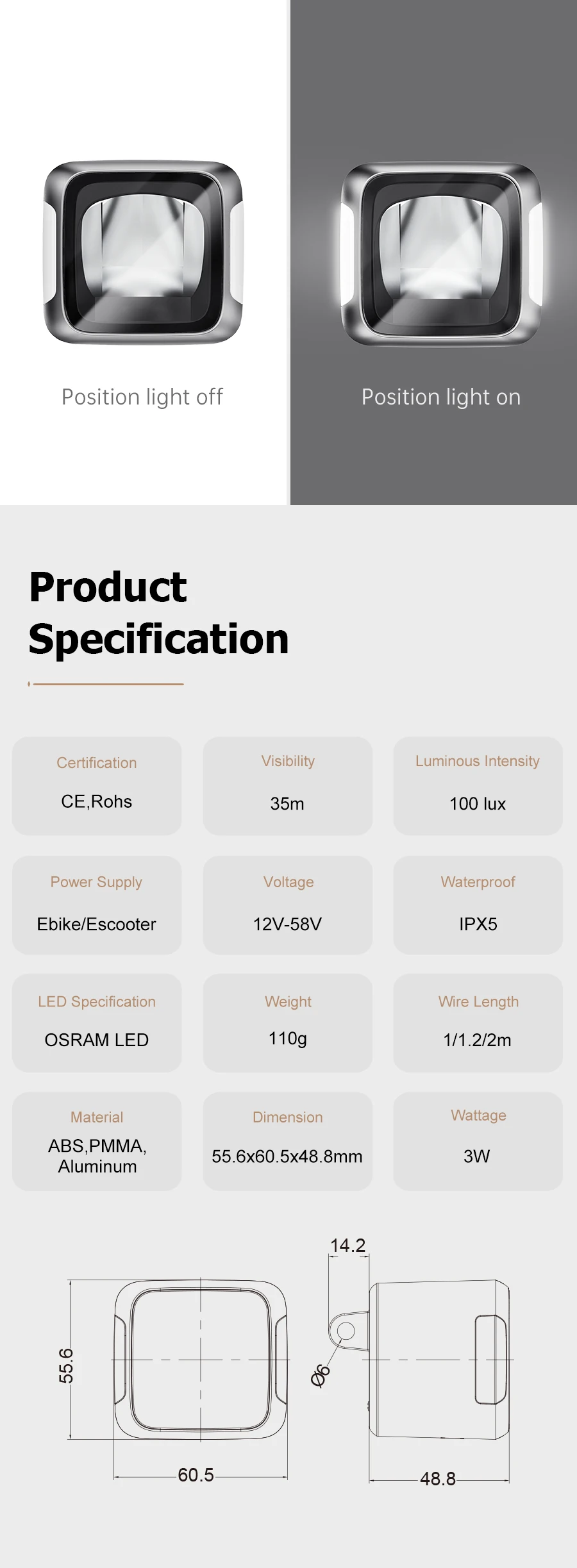 Sate-lite Electric Bicycle Light 100lux Led Ebike Front Light Electric ...