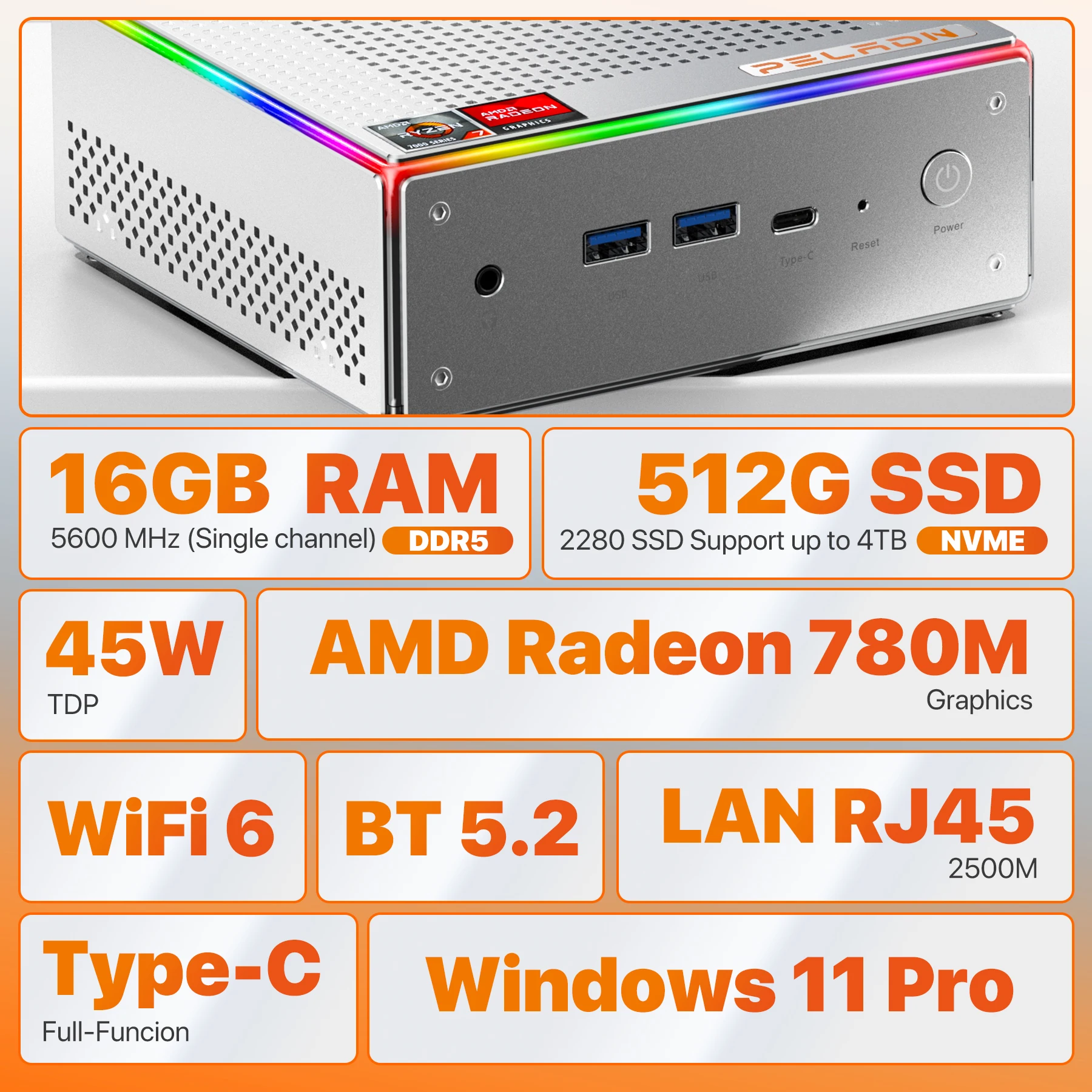 Peladn High Performance Mini PC AMD Ryzen7 7735HS 7840HS Wifi 6.0 BT5.2 ...