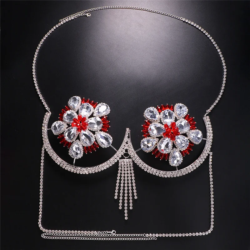 Personality Colorful Rhinestone Flower Nipple Bra Body Chain Fashion ...