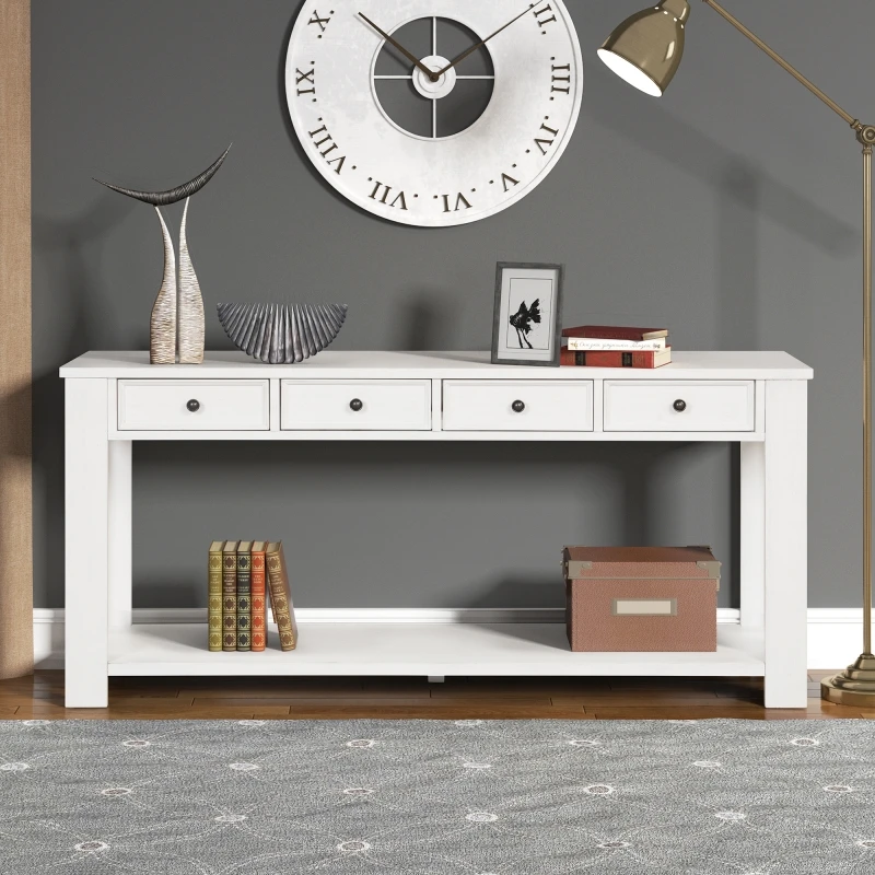 63" Pine Wood Console Table Long Sofa Table With 4 Drawers And 1 Bottom Shelf For Entryway ...
