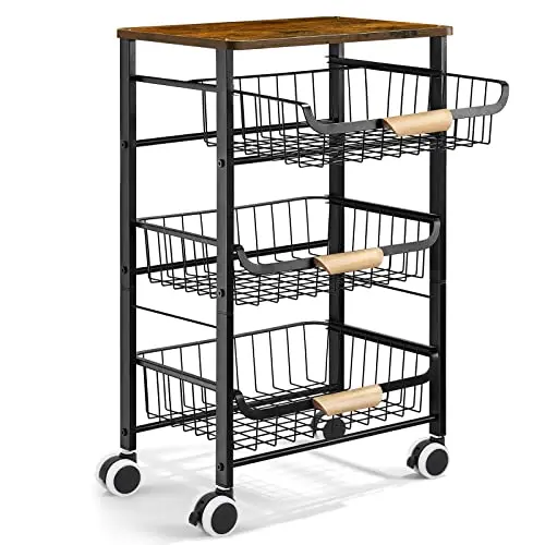 4 Tier Metal Rolling Utility Cart Mesh Basket Pantry Cart Rack with ...