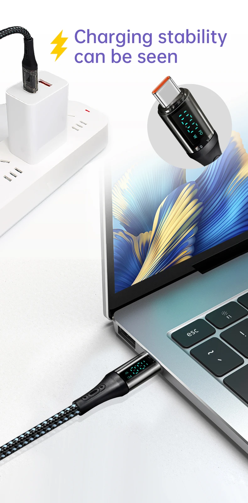 Pd100w Dual Type-c Usb C Cable Transparent Real-time Digital Display ...