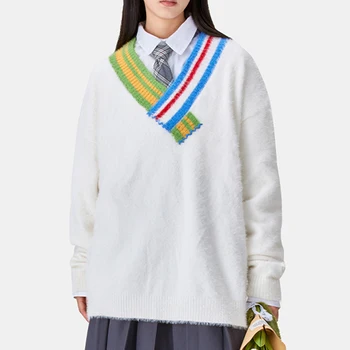 Women's V Neck College Knit Jumper Long Sleeve Drop Shoulder Varsity ...