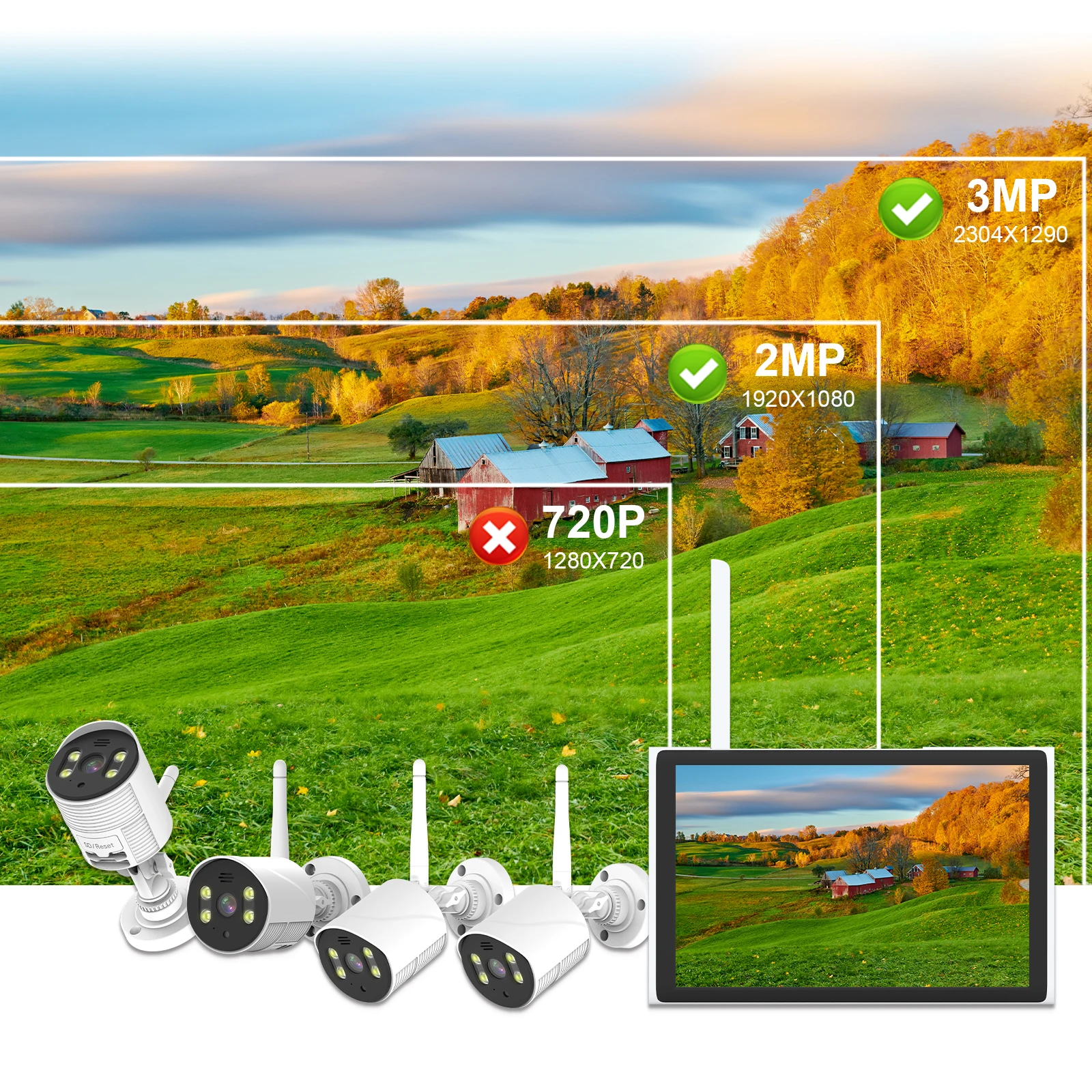 4 Camera Wireless Security System 10.1 Inch Touch Screen NVR 2MP HD ...