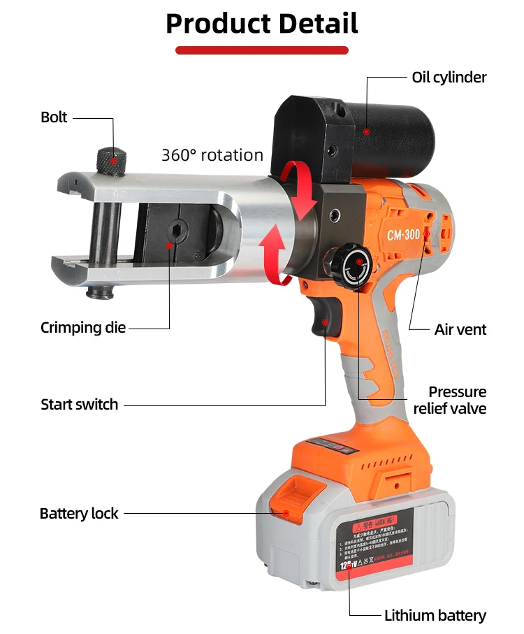 CM-300 Electric Crimping Tool - 75KN Cable Lugs Battery Crimper