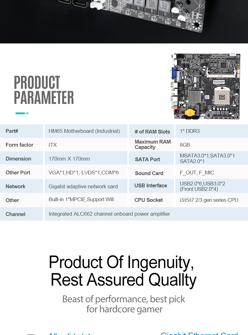 ITX PGA988 989 HM65 Industrial Motherboard - Mini PCIE Slot
