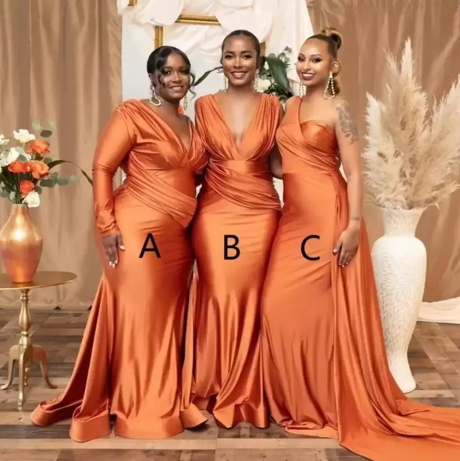 African Orange V neck Plus Size Mermaid Bridesmaid Dresses Nigeria Girls Ruched Satin Wedding Guest Dress Sexy Long Gowns Alibaba