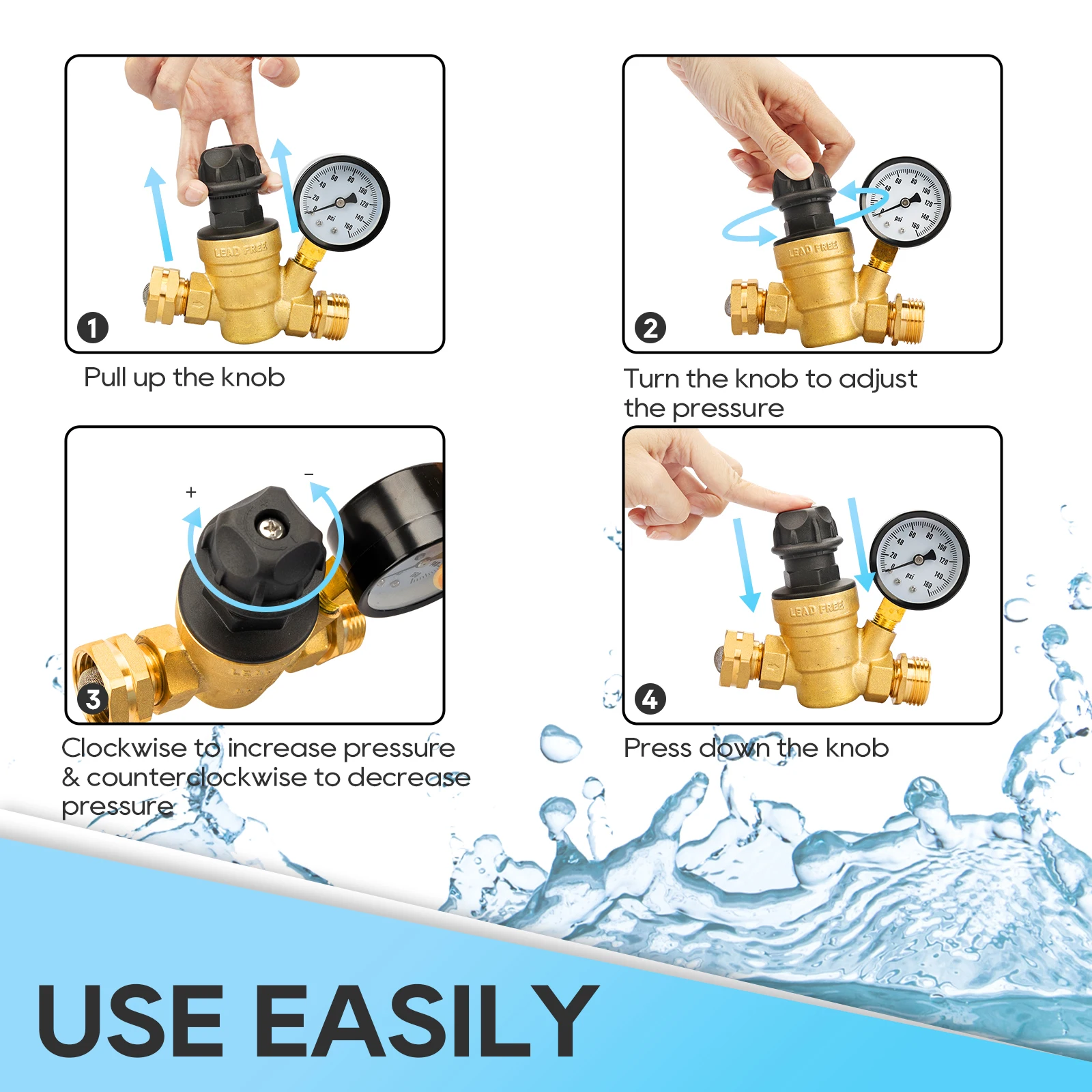 Handle Adjustable RV Water Pressure Regulator Valve, Brass Lead-Free ...