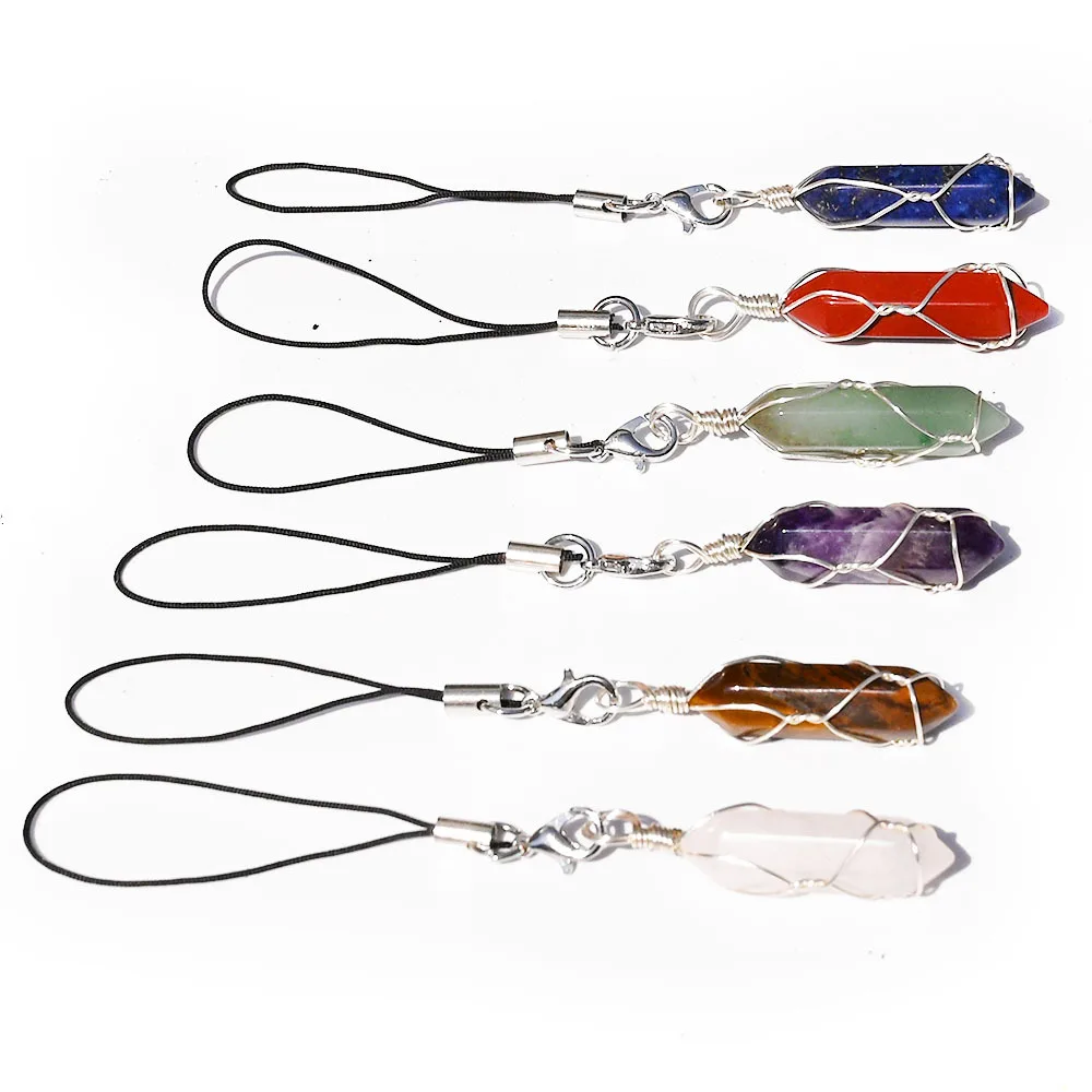 Wholesale Natural Stone Wire Wrapped Hexagon Prism Crystal Key Chain ...