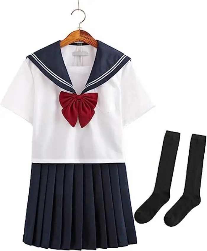 Japanese School Girls Uniform Sailor Navy Blue Pleated Skirt Anime Cosplay Costumes With Socks