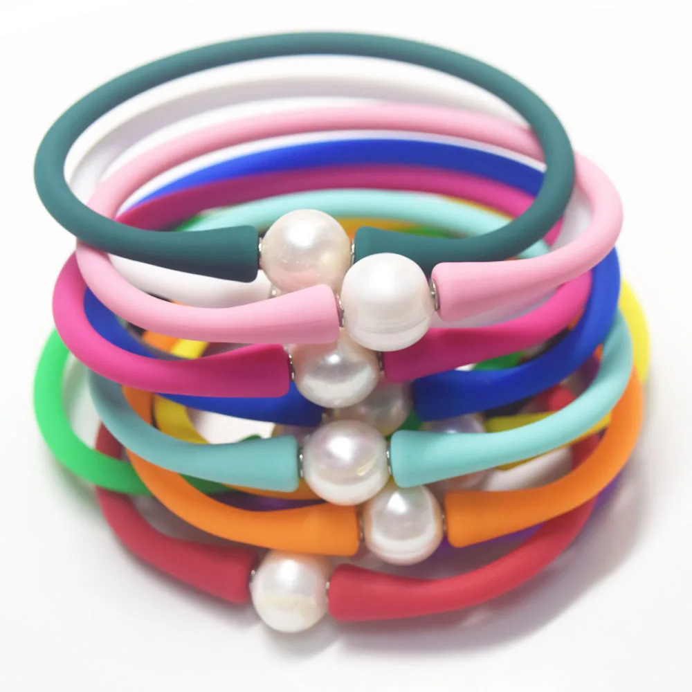 hawaiian multi colors silicone wristband and freshwater pearl bead charm silicone bracelets and necklaces jewelry Alibaba