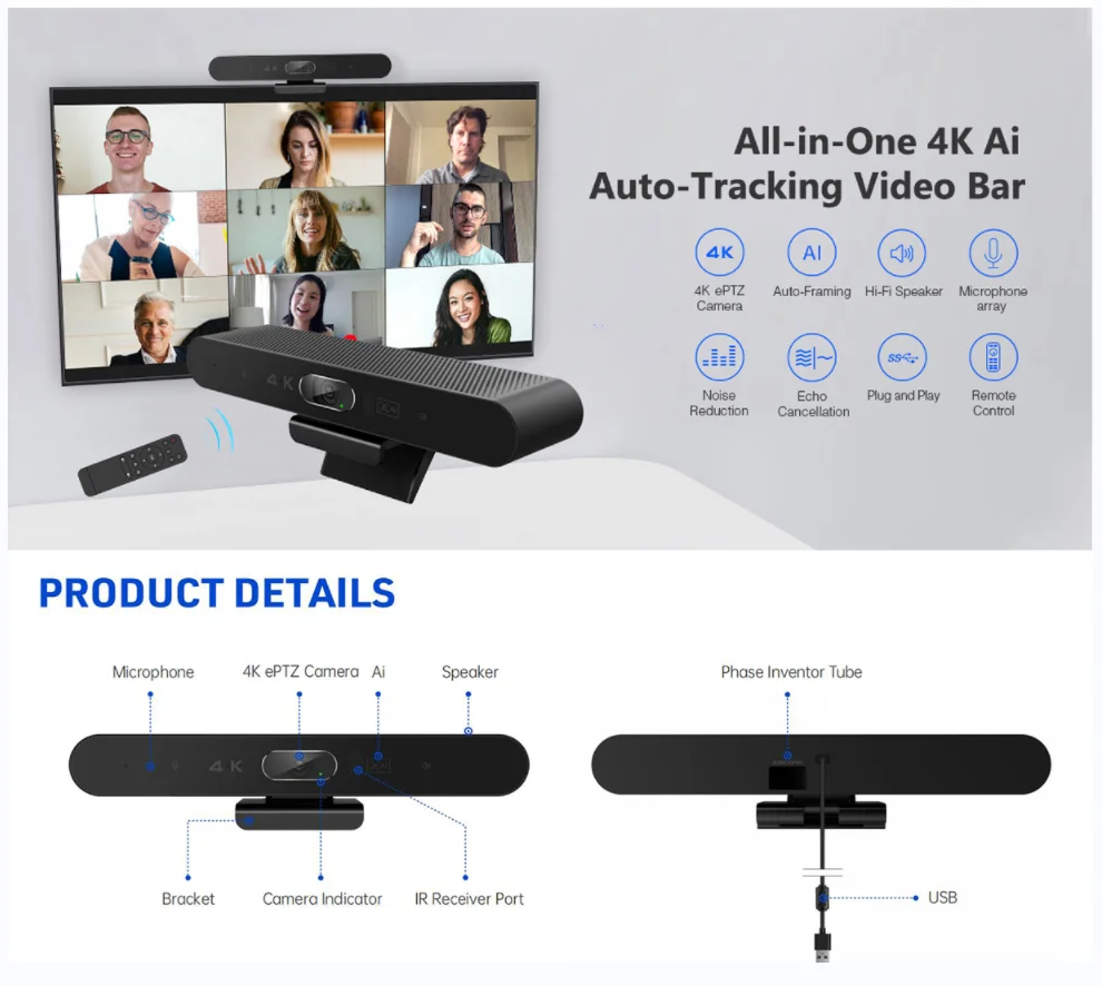 4K Webcam with AI Face Tracking - Ideal for Video Conferences