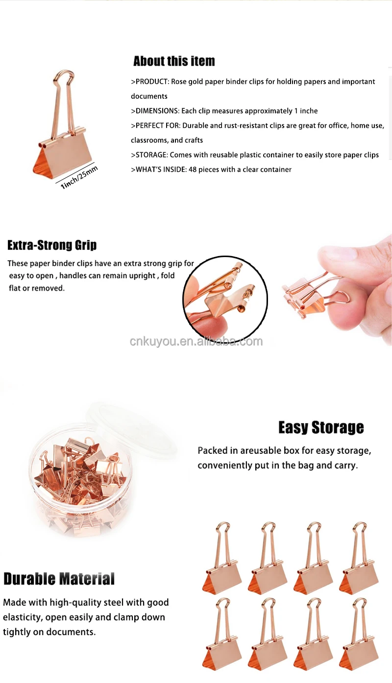 1-Inch Medium Metal Long Tail Clip 48-Piece Rose Gold Loose-Leaf Paper ...
