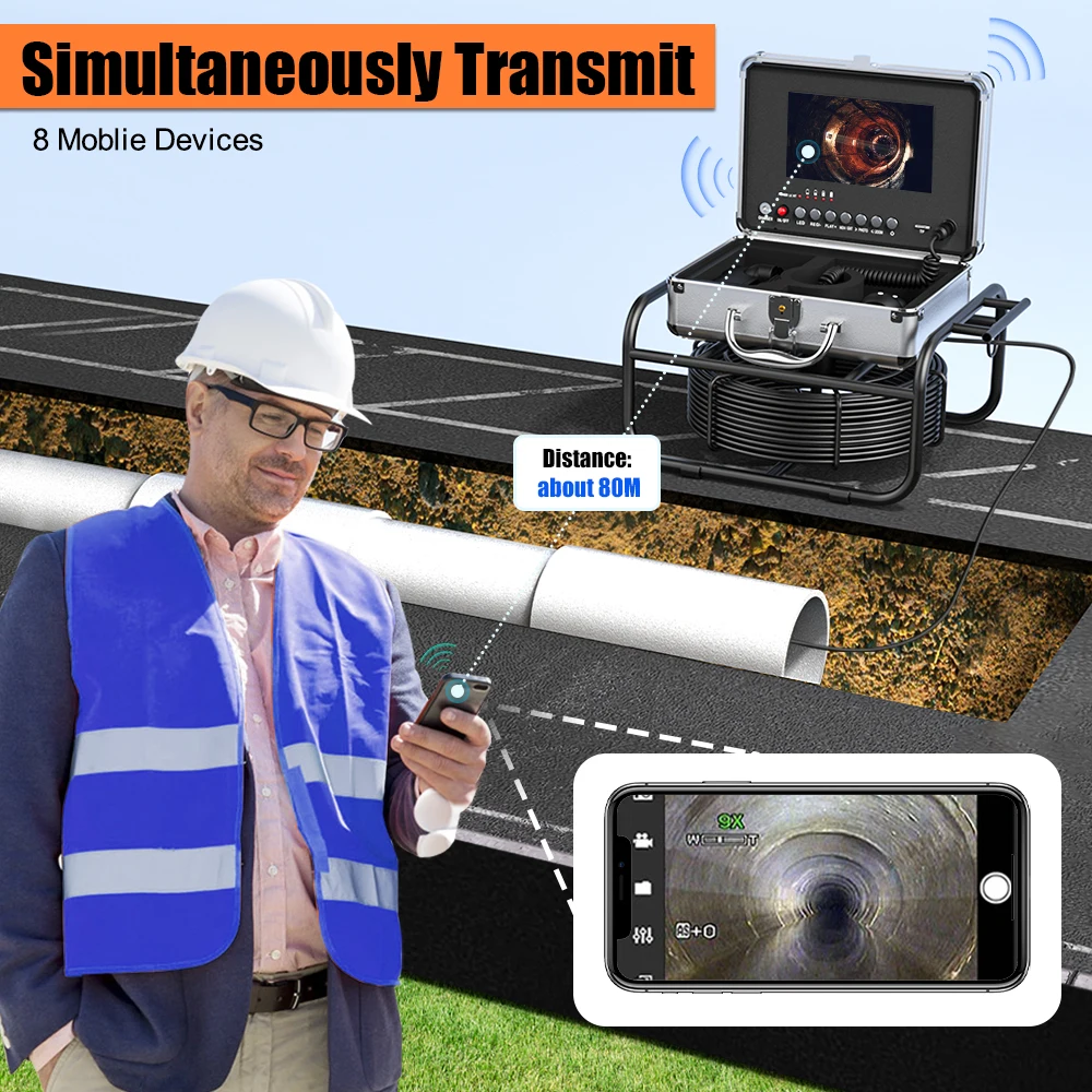 7" Monitor 50M IP68 Sewer Pipe Inspection Camera with WiFi Wireless DVR ...