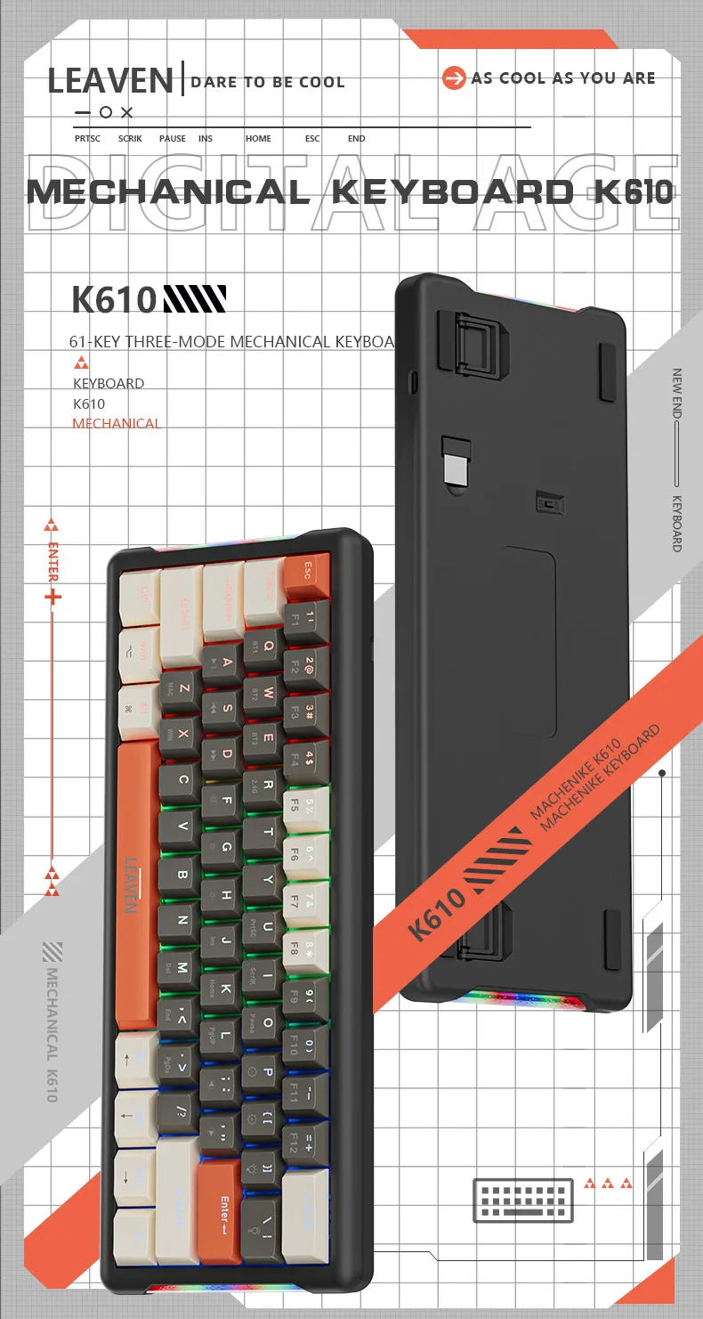 LEAVEN K610 Wireless Mechanical Keyboard - Ergonomic & RGB